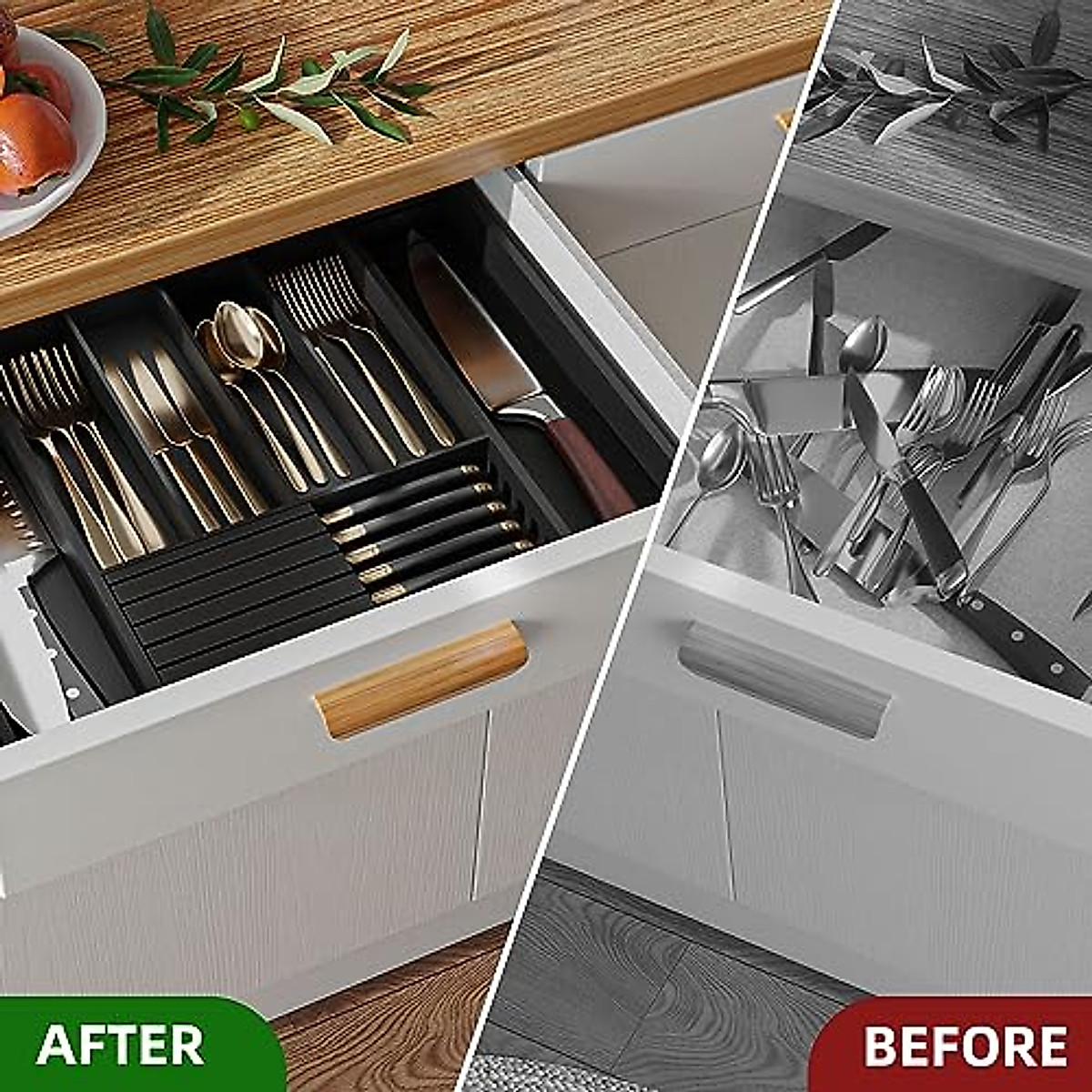 WUSHIZHUHUN Utensil Organizer Silverware Tray for Drawer - Bamboo Knife Drawer Organizer Expandable Cutlery Organizer in Drawer Knife Block W12.8-20.2" x L16 x H2 (Black)