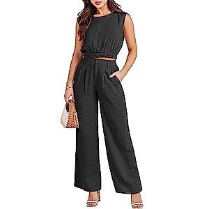 ANRABESS Two Piece Outfits for Women Cruise Resort Wear 2023 Sexy Summer Vacation Sleeveless Linen Crop Top Casual Matching Lounge Sets Comfy Tracksuits Long Pants Jumpsuits Cute Clothes A1102heise-M