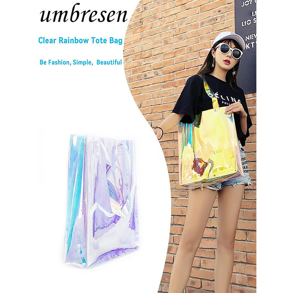 umbresen Clear Tote Bag, 2-Pack Holographic Rainbow Iridescent Handbag for Sports Fan Games, Work, Security Travel, Stadium Venues or Concert