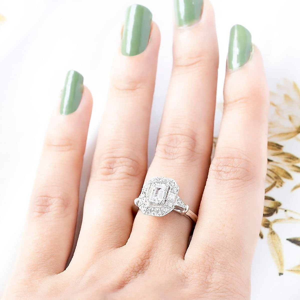 Octa Pearl 0.80 Carat Emerald, Baguette & Round Cut Cubic Zirconia Stone Art Deco Style Wedding Ring In 925 Sterling Silver (VVS, 4/5 CTW, 9 US) CZ Ring