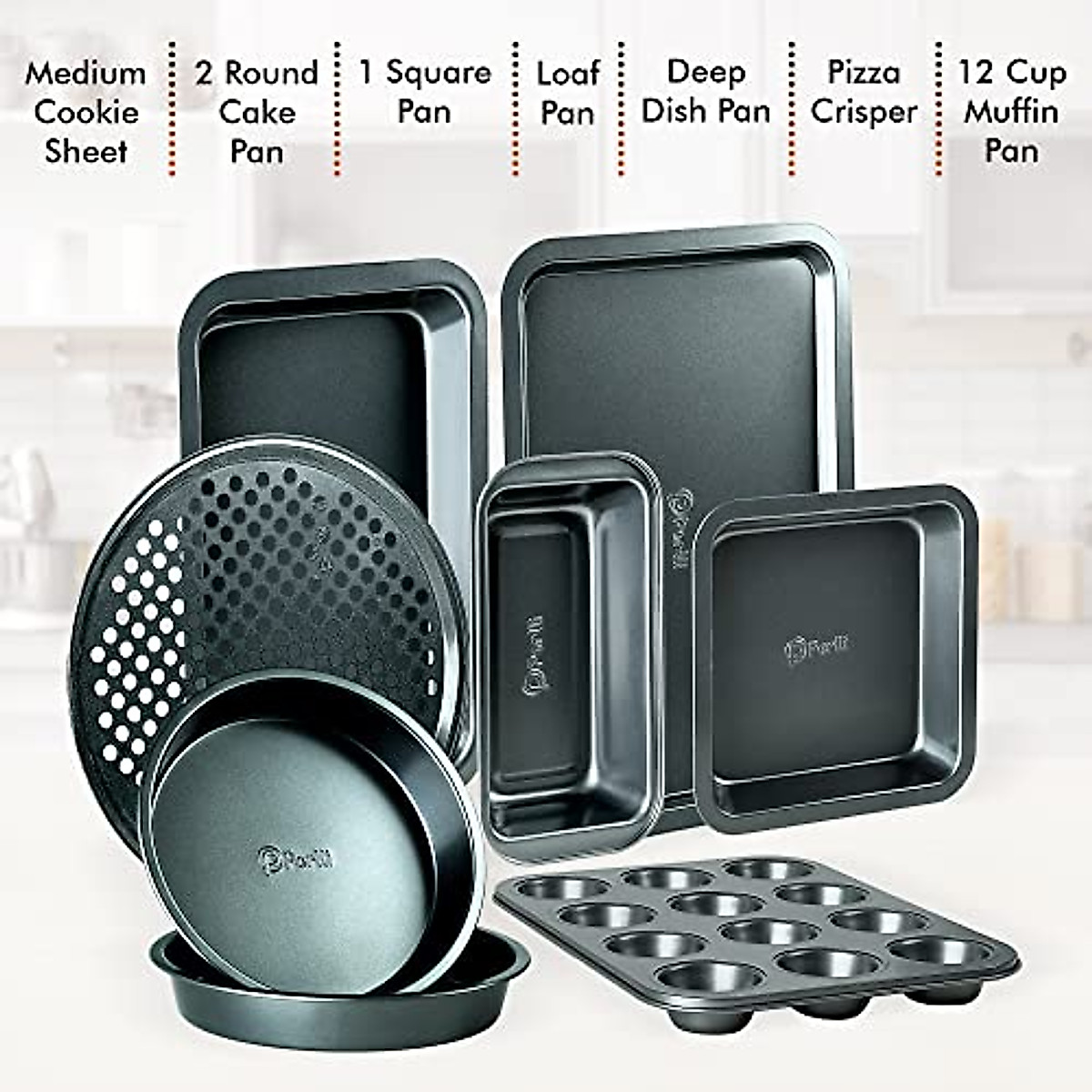 Perlli Baking Pan 8 Piece Set Nonstick Carbon Steel Gray Oven Safe Bakeware Kitchen Set, Cookie Sheet, 2 Round Cake Pans, Square Pan, Loaf Pan, Deep Dish Pan, Pizza Crisper, & 12 Cup Muffin Pan