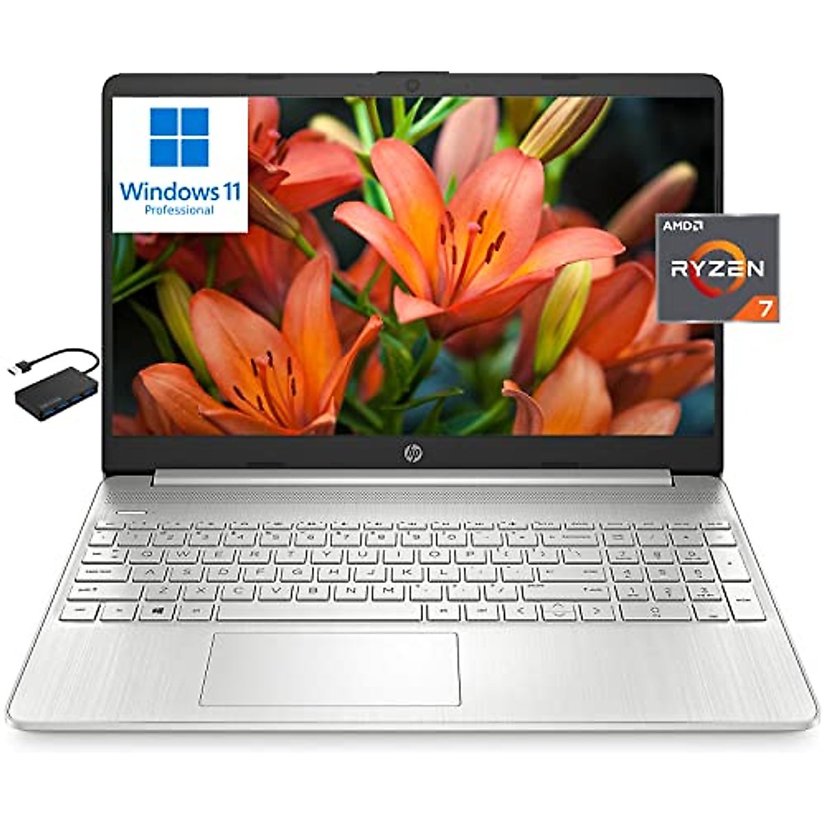 [Windows 11 Pro] HP 15 15.6" HD Business Laptop Computer, 8-Core AMD Ryzen 7 5700U (Beats i7-1180G7), 64GB RAM, 1TB PCIe SSD, Numeric Keypad, Fast Charge, Wi-Fi 6, Bluetooth, Long Battery Life, w/Hub