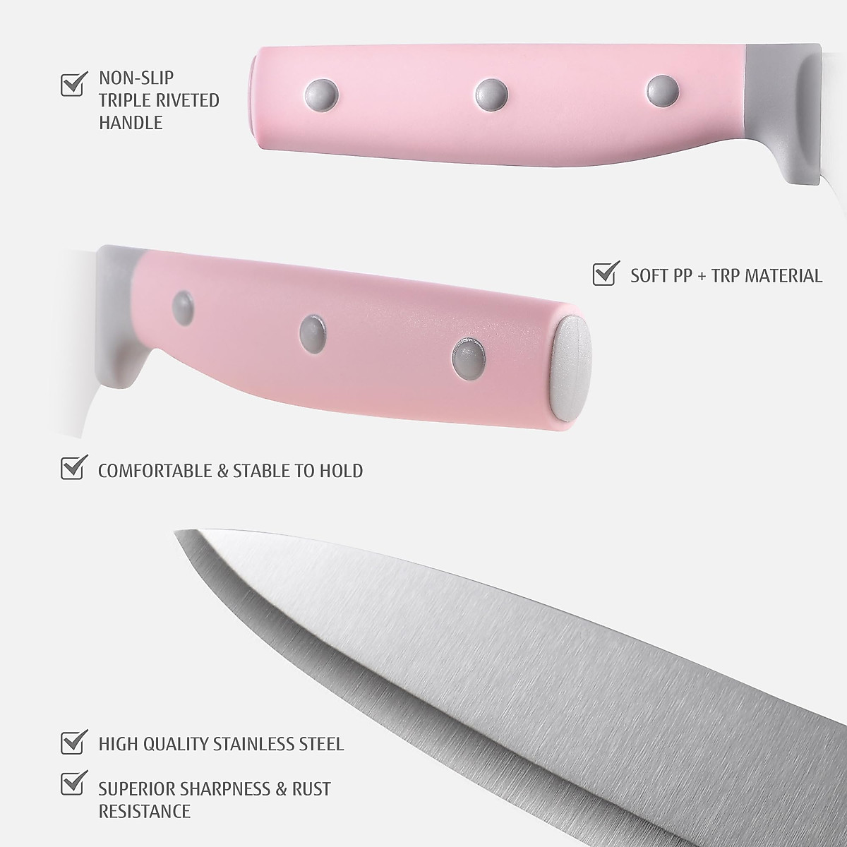 hecef Kitchen Knife Set with Magnetic Strip, 6 pcs Professional Knives Set for Kitchen, 13-inch Magnetic Strip Stainless Steel Sharp Chef Knife Set with Pink Handle for Cutting Meat & Vegetable