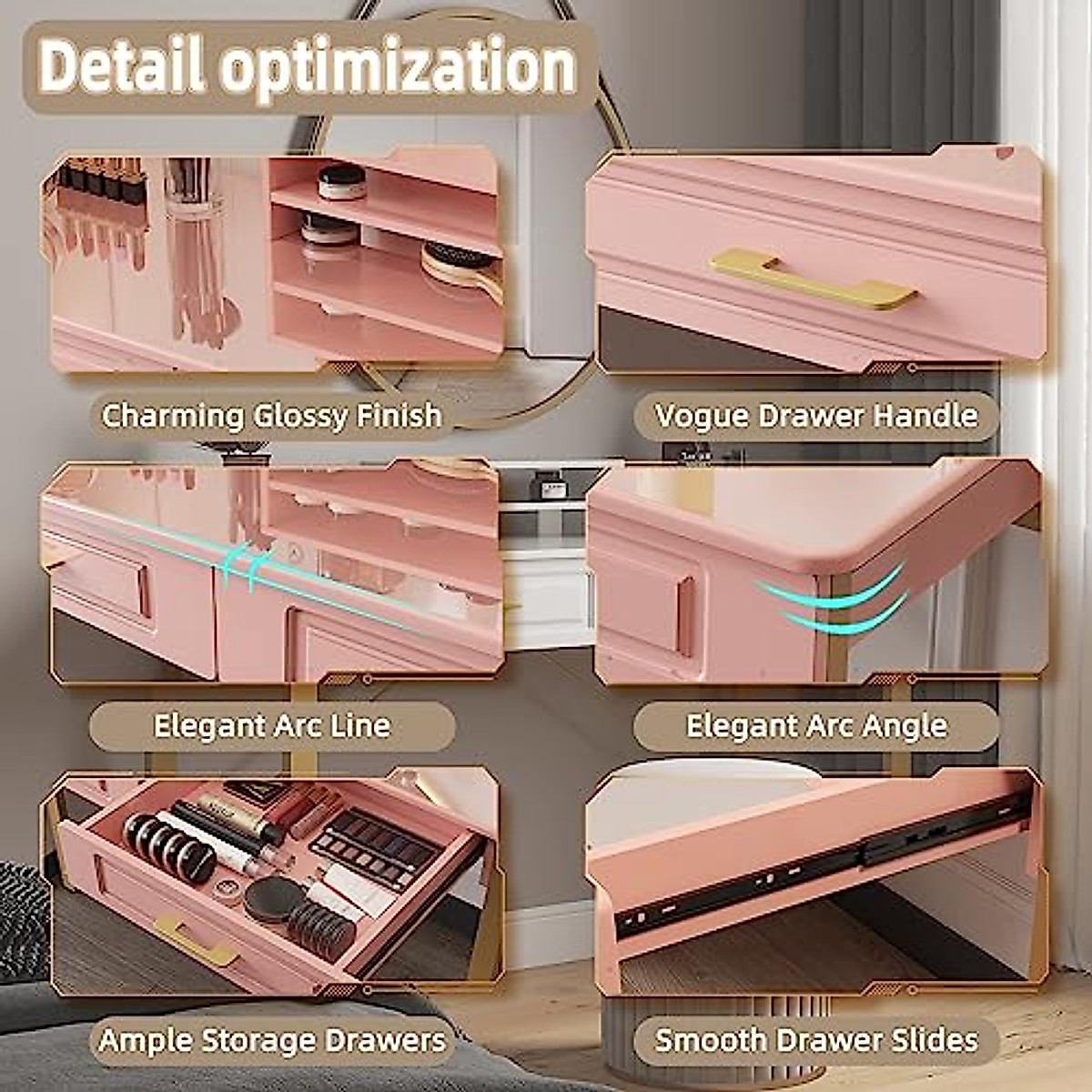 WESTREE Modern Makeup Vanity Desk with Glossy Desktop,Bedroom Home Office Writing Desk with Drawers, Storage Shelf, Gold Metal Frame for Dressing Table Without Mirror
