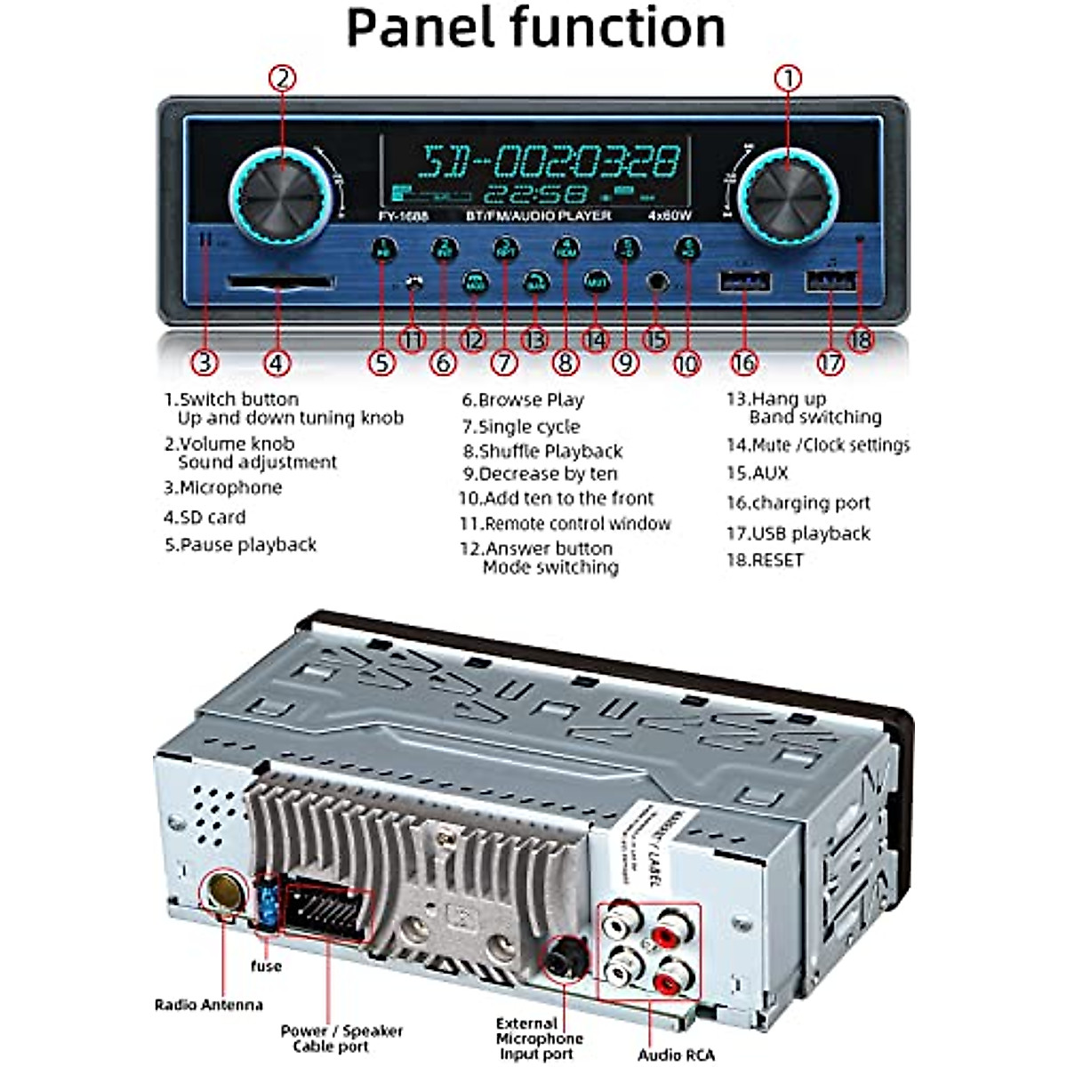 FYPLAY Dual USB Bluetooth Car Stereo, FM Radio Receiver, Hands-Free Calling, Built-in Microphone, USB/SD/AUX Port, Sky Blue Dual Knob Audio Car Multimedia MP3 Player, USB Fast Charging