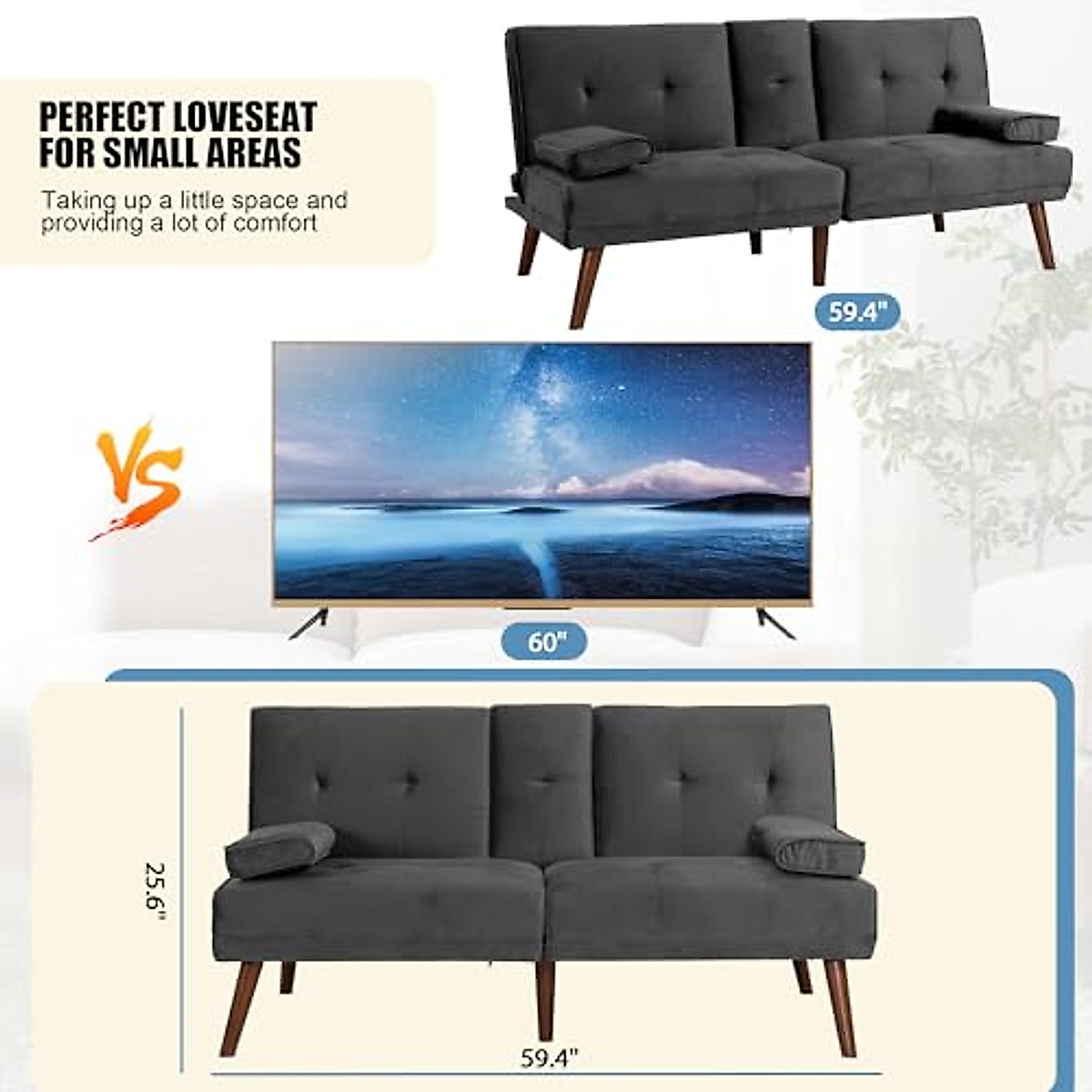 Shintenchi 60" Small Loveseat, 3 in 1 Cute Convertible Sofa Bed, Modern Futon Recliner Sleeper w/2 Cup Holder, Upholstered Folding Couch for Small Space, Dark Gray