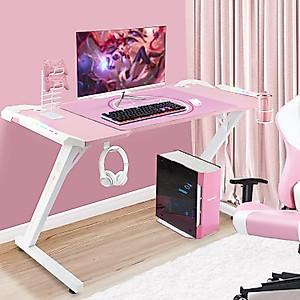 YOUTHUP Pink Gaming Desk with LED Lights, 55" Z Shaped RGB Gaming Computer Table, Ergonomic PC Workstation with Remote Control, Cup Holder, Handle Rack, Headphone Hook, Mouse Pad for Home Office Use