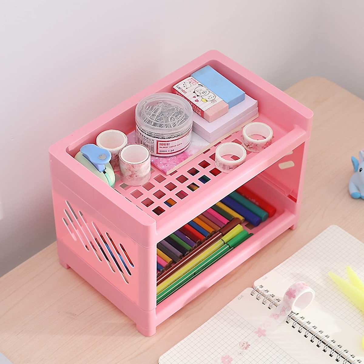 XINGWANG Double-Layer Desktop Storage Rack, Foldable Office Stationery Storage Rack,Kitchen Seasoning Storage Rack, Bathroom Cosmetic Storage Rack (Pink, 2-Layer)