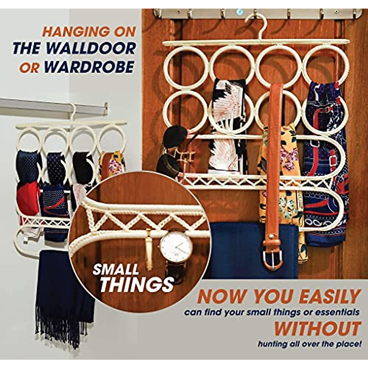 KLEAFS - Handmade Scarf Hangers for Closet with Hook for Bulky Scarf, Space-Saving Scarf Organizer, Scarf Storage Classical Lifestyle, Hijab Hangers (Beige - 8 Rings, 2 Ellipse)