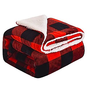 NEWCOSPLAY Sherpa Fleece Throw Blanket Super Soft Plush Warm Reversible Flannel Blanket for Couch Bed (Thick-Black/Red, Throw(50"x60"))