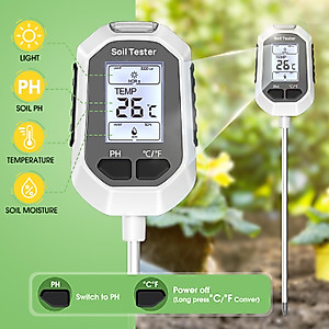 4-in-1 Soil Moisture Meter Digital Plant Temperature/Soil Moisture/PH Meter/Sunlight Intensity Backlight LCD Display Soil Test Meter for Gardening, Farming and Outdoor Plants