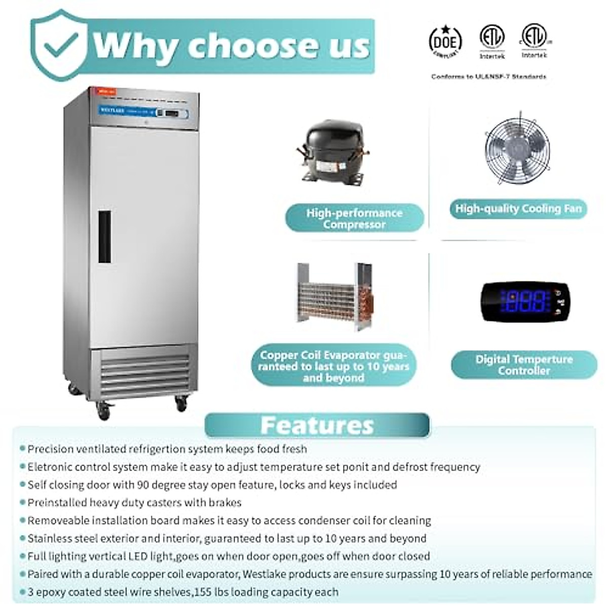 WESTLAKE 27" W Commercial Refrigerator Stainless Steel Reach in Solid Single Door Upright Fan Cooling 23 Cu.ft Cooler for Restuarant, Bar, Shop, etc