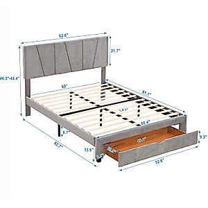 DHPM Queen Size Upholstered Platform Bed with 1 Large Drawer, Wood Bed Frame with Wing Back Headboard, Solid Wood Slats Supported, No Box Spring Needed