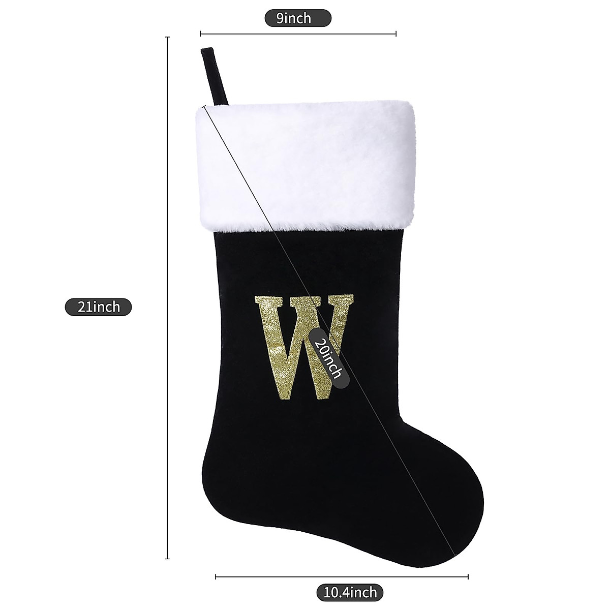 Yehnois 20 Inches Initial Monogram Christmas Stocking Personalized,Deluxe Black Velvet Body with Super Soft Plush Cuff Embroidered Letter,Holiday Season Decor（E）