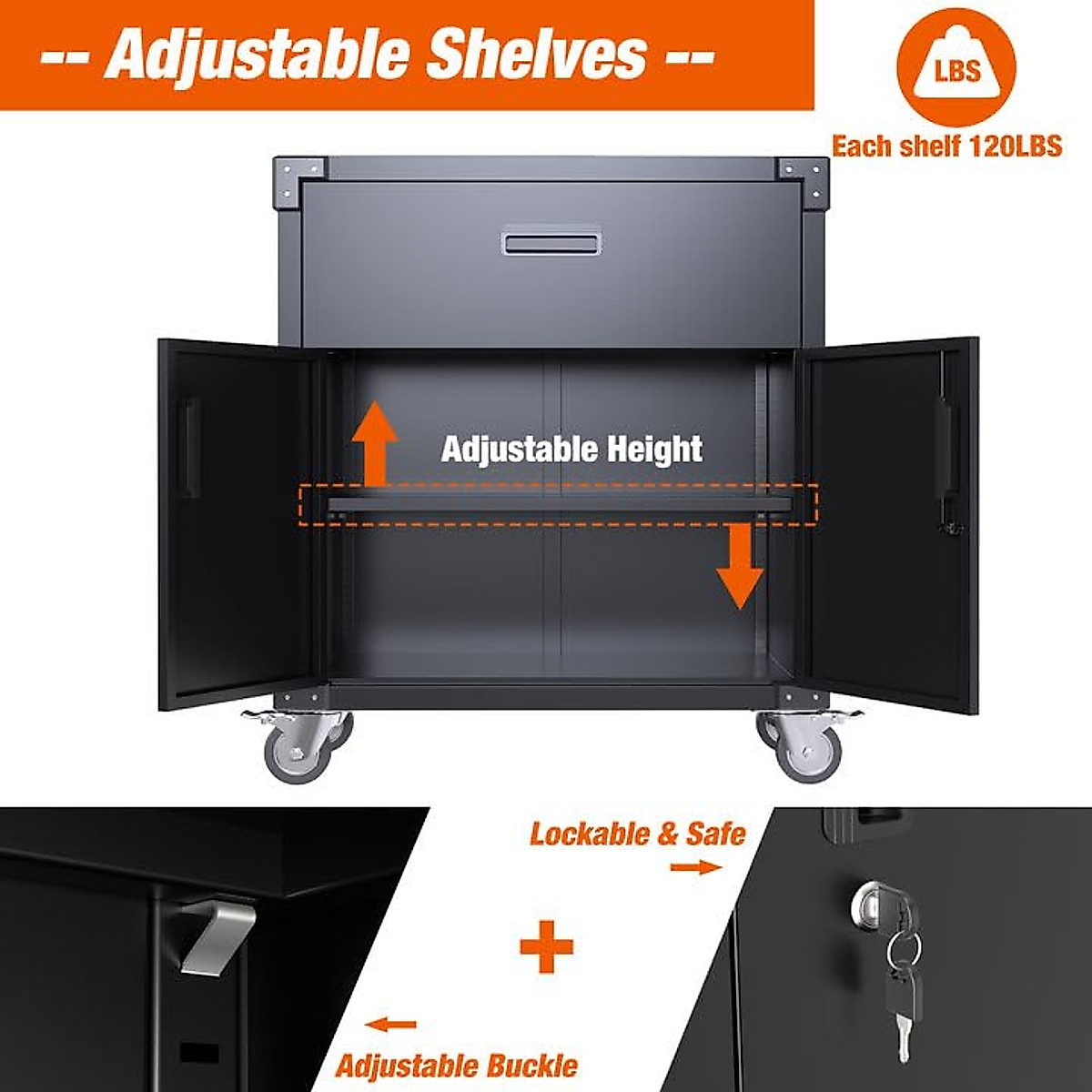 SUPEER Metal Garage Cabinet with Wheels,Mobile Storage Cabinet with 2 Doors & 1 Drawer,Steel Storage Cabinet for Garage,Home,Office,Utility Room- Assembly Required (Black)