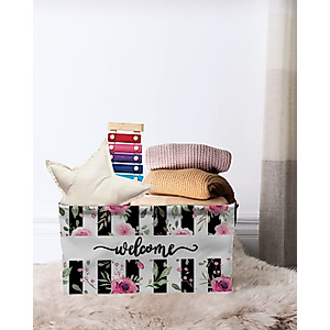 Storage Basket Pink Flowers Floral Leaves Large Foldable Storage Bins with Handles Black and White Stripe Waterproof Fabric Laundry Baskets for Organizing Shelves Closet Toy Gifts Bedroom Home Decor