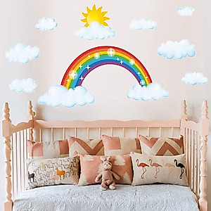 Large Sparkling Rainbow Wall Decal 21.6 x43.7inch, Rainbow Cloud Sun Wall Sticker, Peel and Stick Removable Rainbow with Sun Clouds Wall Stickers Wall Mural for Kids Nursery Bedroom