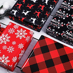 PlandRichW Christmas Wrapping Paper 12 Sheets Folded for Kids Boys Girls Men Women Gifts. Red, Black and White, Greetings, Reindeer, Plaid and Snowflakes, 20 X 29 Inches Each