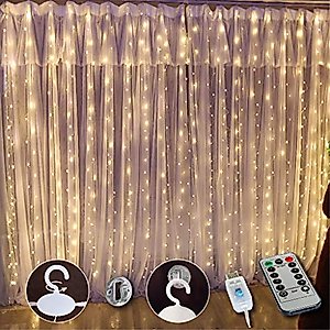 SINAMER White Curtain Light for Bedroom, 300 LED 9.8ft x 9.8ft Curtain String Light with 16 Hooks, 8 Models Remote Control, Window Fairy Light with USB for Wedding Party Home Garden Indoor Decorations