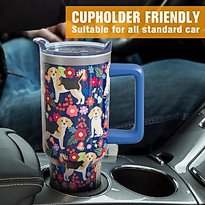 owbgsdh Beagle Gifts for Women Dog Lovers 40 oz Floral Beagle Tumblers with Handle and Straw, Stainless Steel Vacuum Insulated Travel Coffee Mug Cup Water Bottle