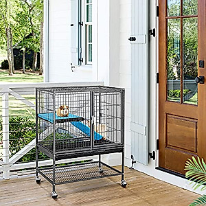 Topeakmart Rolling Metal Small Animal Cage for Adult Rats Ferrets Chinchillas Guinea Pigs Single Unit Critter Nation Cage w/Removable Ramp & Platform Black