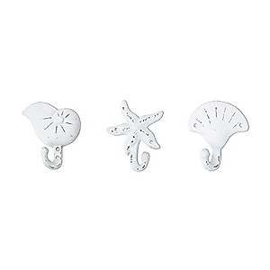 Sea Snail Starfish Shell Shape Cast Iron Nautical Wall Hooks Set, 3-Pack Assorted Rustic White Seaside-Themed Wall Mount Coat Hooks, Beach Coastal Wall Decor