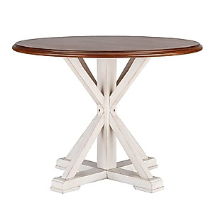 MAKLAINE Transitional Farmhouse Round Dining Table in Brown and White