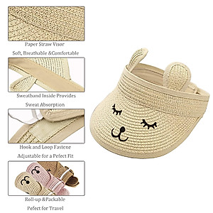 Baby Roll-up Straw Visor Hat Sun Hat, Kid Toddler Wide Brim Cute Bunny Ponytail Summer Beach Sun Hat Adjustable for 1-4 Years (Beige)
