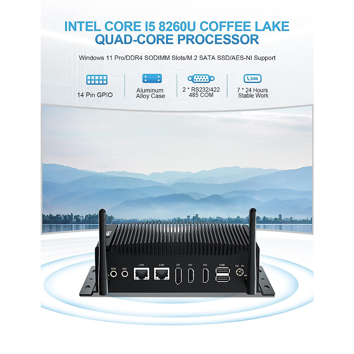 FANPEEC Core i5 8260U Fanless PC Windows 11 Pro Mini PC 8GB RAM 128GB SSD, Industrial PC 4K HD+HD+DP, WiFi 5, BT 4.2, GPIO, 2xGigabit LAN, Desktop PC Wake On LAN, Mini Computer