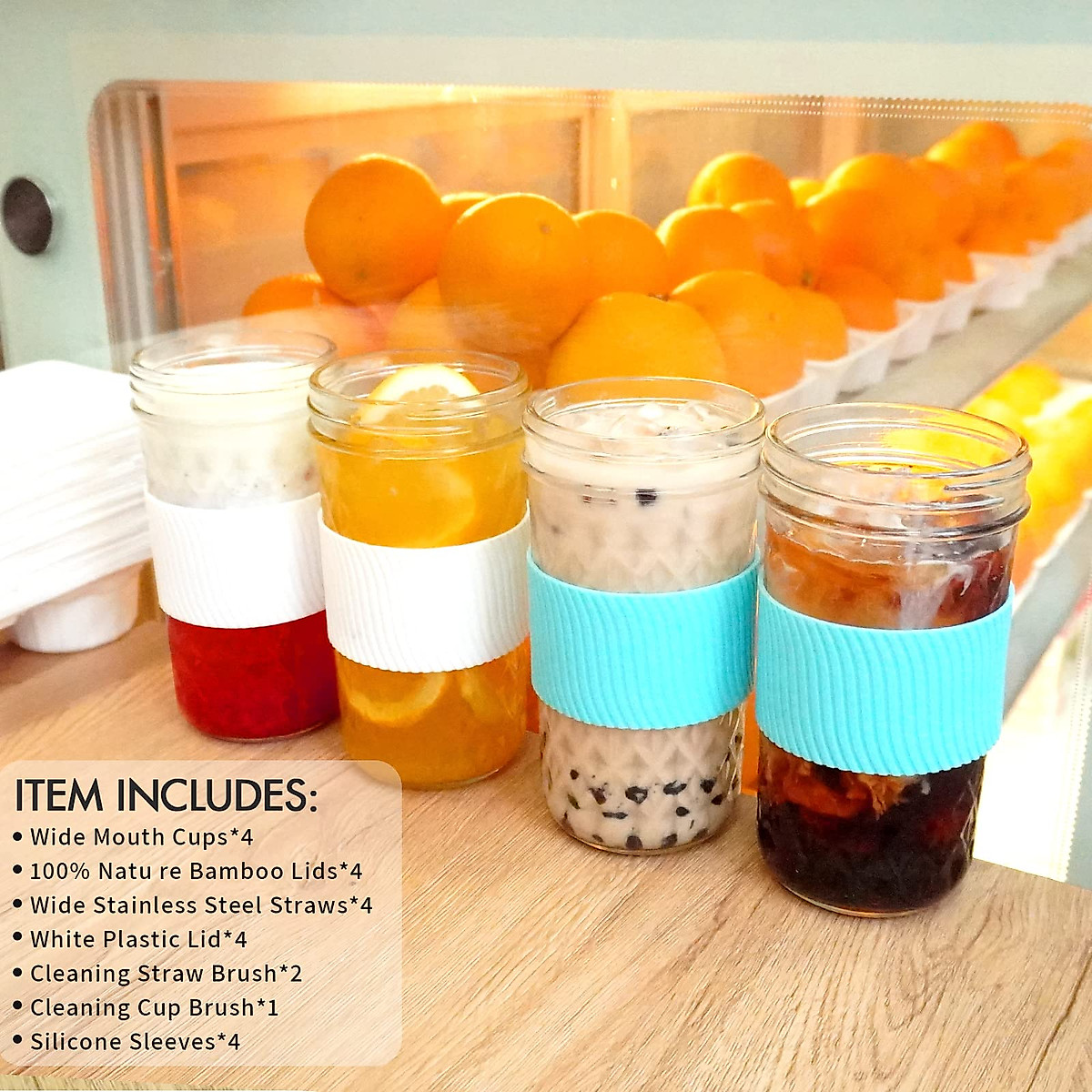 [ 4 Pack ] Glass Cups Set - 22oz Wide Mouth Mason Jar Drinking Glasses with Bamboo Lids & Straws & 4 Airtight Lids, Boba Cup Bubble Tea Cup, Smoothie Cups Tumbler for Pearl Milk Tea,Iced Coffee,Juice