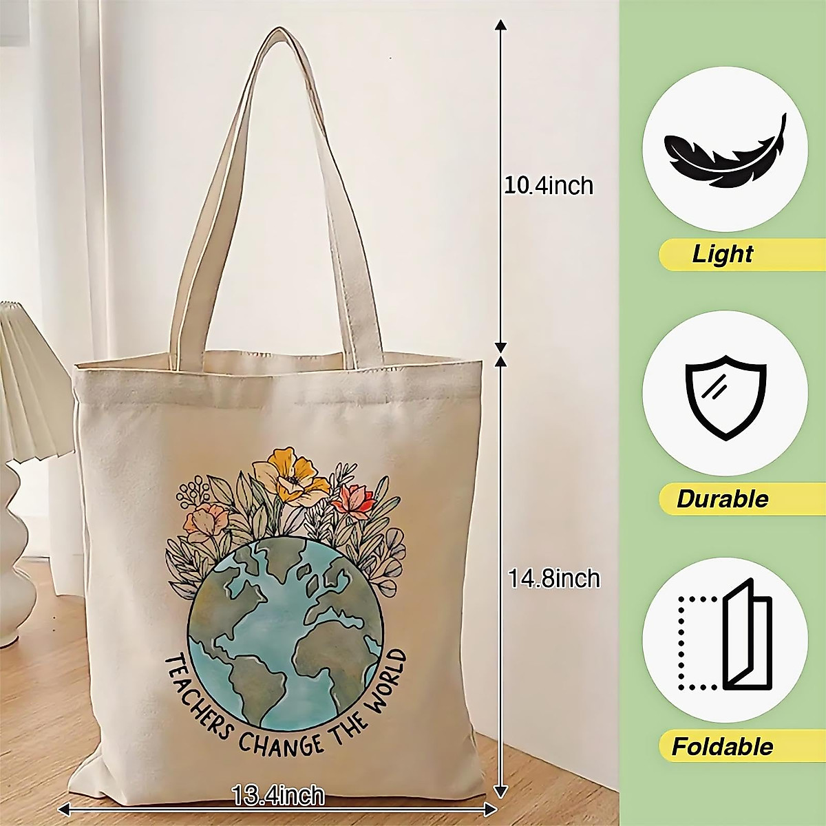 Earth and Flowers Canvas Tote Bag - Teacher Gifts for Women, Cute and Durable Shoulder Bag for Daily Use, Ideal for Beach Trips, Grocery Shopping, and Teacher Appreciation Gifts