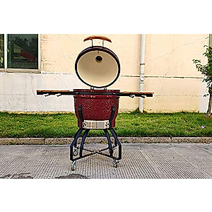 RJMOLU 21" Big BBQ Grill, Smoker, Roaster and Grill with 2 Foldable Wooden Side Shelves, Multifunctional Ceramic Barbecue Grill for Picnic Garden Terrace Camping Travel