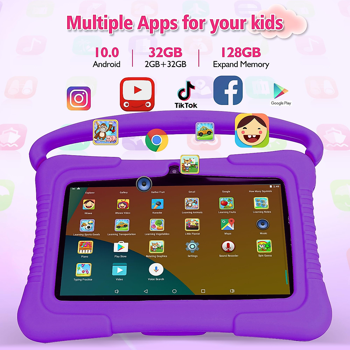 Veidoo Kids Tablet, 7 inch Android Tablet PC, 2GB RAM 32GB ROM, Safety Eye Protection Screen, WiFi, Dual Camera, Games, Parental Control APP, Tablet with Silicone Case(Purple)