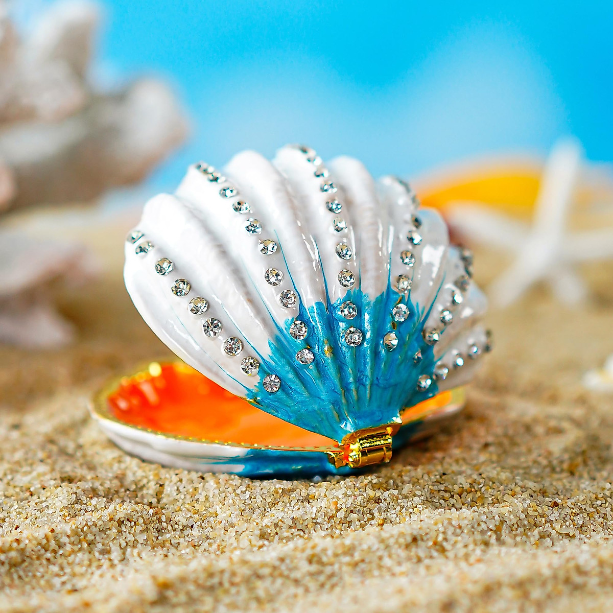 YU FENG Jeweled Seashell Figurine Trinket Boxes Hinged Collectible Painted Enameled Small Ocean Animal Jewelry Box(Ocean Blue)