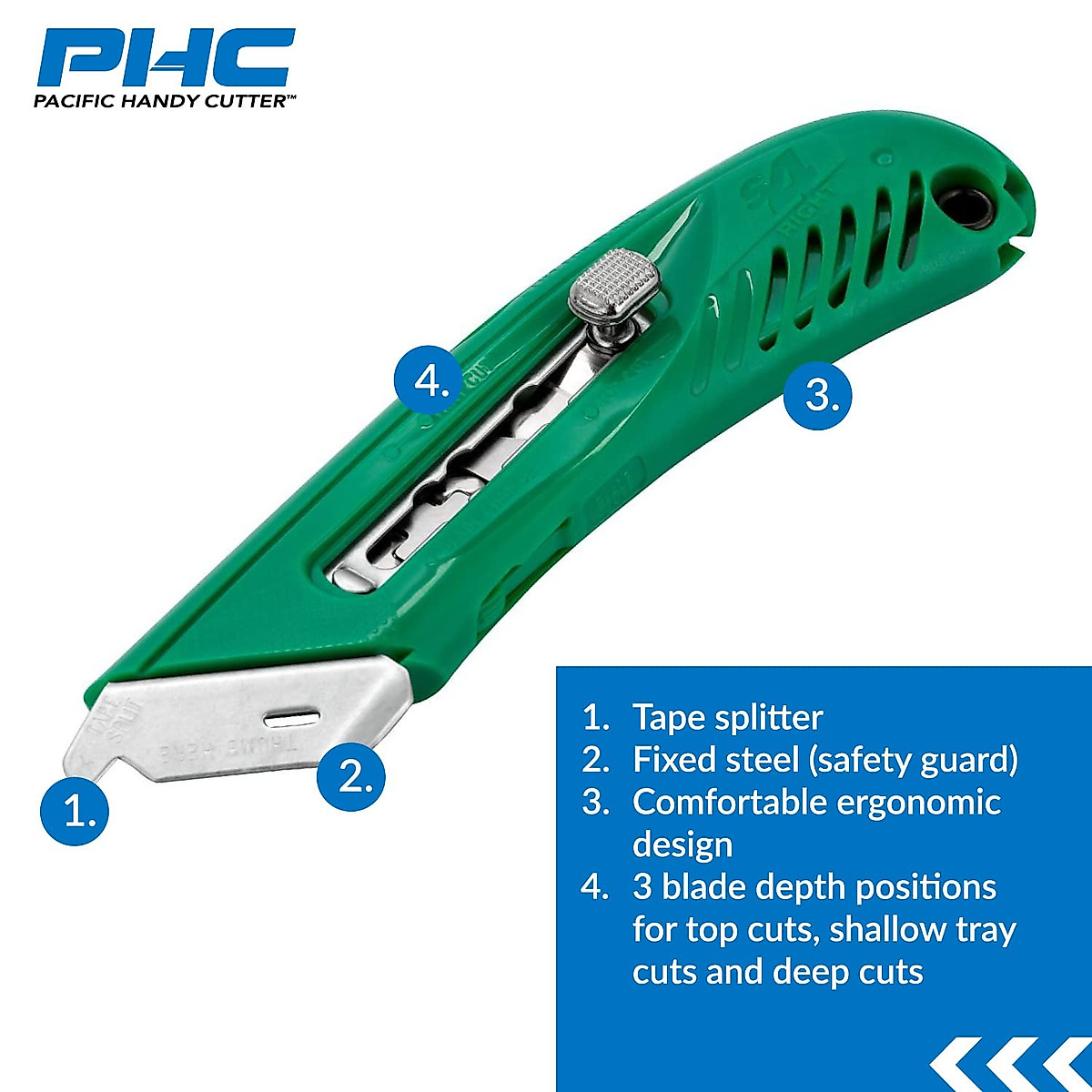 Pacific Handy Cutter S4R Safety Cutter, Retractable Utility Knife with an Ergonomical Design, Bladeless Tape Splitter, Steel Guard for Safety and Damage Protection, for Warehouse and In-Store Cutting , Green