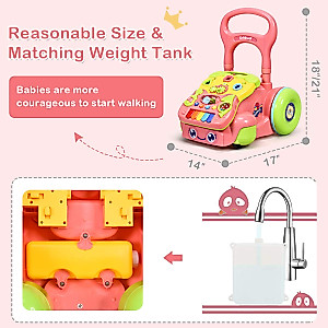 BABY JOY Sit-to-Stand Walker, 2 in 1 Pull and Push Baby Walker w/Detachable Learning Activity Panel, Adjustable Height, Music & Light, Early Development Toys for Toddlers (Pink)