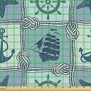 Lunarable Ship Fabric by The Yard, Nautical Themed Art Marine Starfish Wheel Anchor and Vessel Sailor's Knot, Decorative Fabric for Upholstery and Home Accents, 2 Yards, Teal Blue