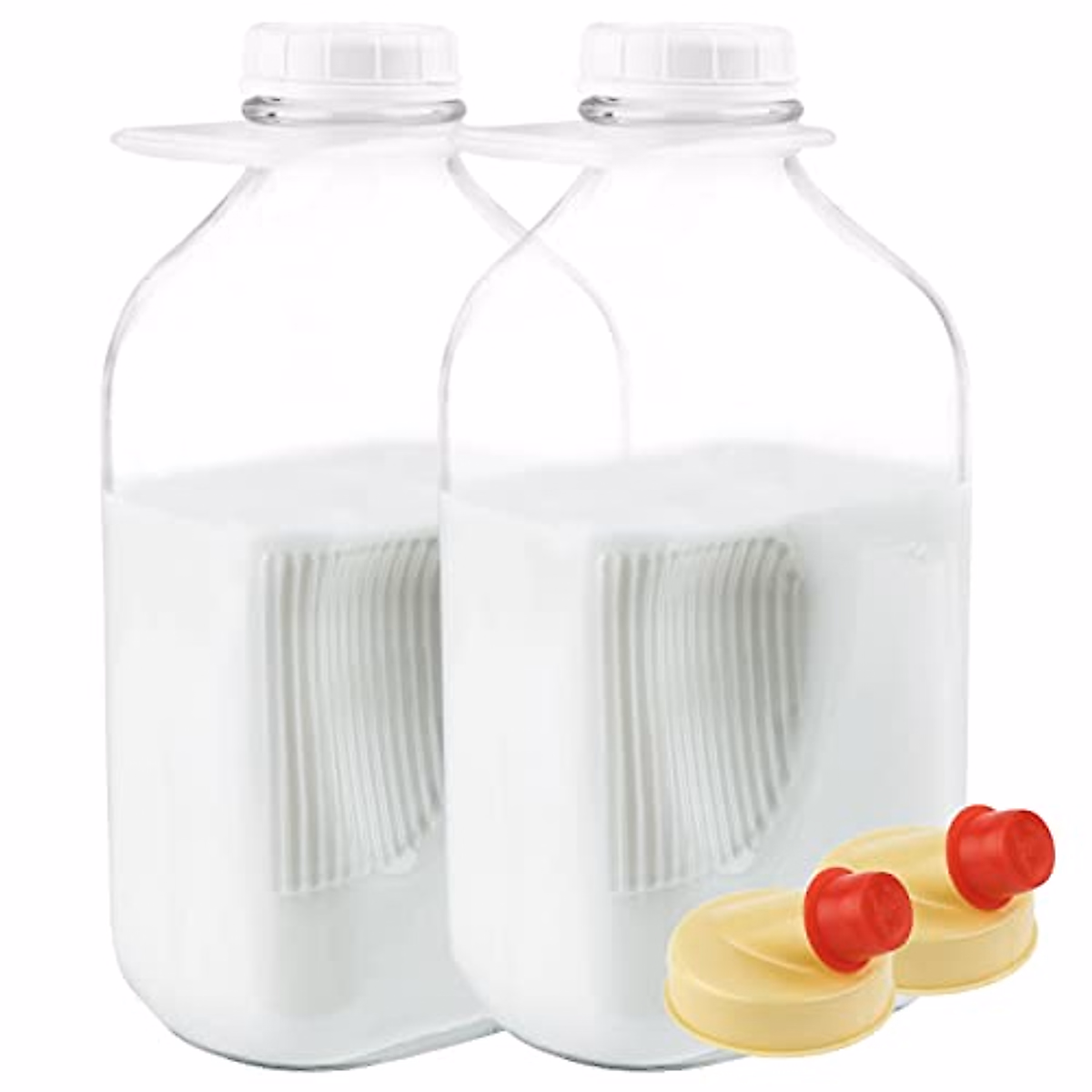 Kitchentoolz 64 Oz Glass Milk Bottle Jugs with Caps, Half Gallon Glass Milk Container for Refrigerator with Tamper Proof Lids and Pour Spouts- Pack of 2