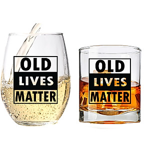 COOL AF Old Lives Matter Wine and Whiskey Glass Gift Set For Men and Women - His and Hers Gift for Anniversary, Birthday, Retirement - Great Gift for Married Couples Grandma and Grandpa, Dad and Mom