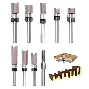 SICWOOD 9pcs Pattern Flush Trim Router Bit 1/4 Shank, Carbide Tipped Top Bearing Template Pattern Router Bit, Straight Flush Cut Router Bit, for Wood Trimming