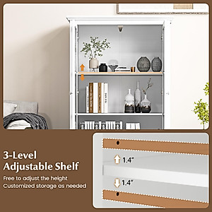 Giantex 55" White Bookcase with Doors and Drawer, Tall Wooden Bookshelf Organizer with Adjustable Shelves, Freestanding Glass Display Storage Cabinet for Living Room Bedroom Kitchen Pantry