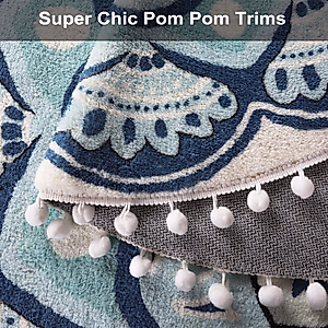 Uphome Small Round Rug 2.3ft Blue Boho Bathroom Rugs with Pom Pom Fringe Non-Slip Washable Mandala Circle Bath Mat Soft Cute Bohemian Throw Rug for Bedroom Sink Dorm Powder Room