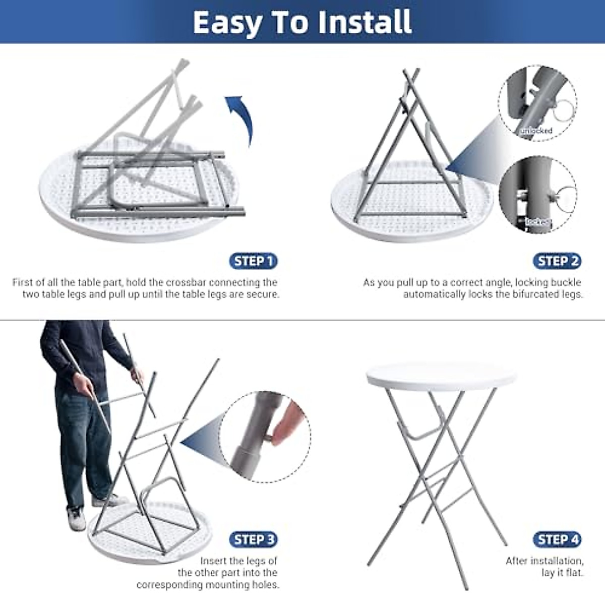 32in Cocktail Table White High Top Folding Table, Portable Bar Height Folding Table Round with Removable Legs, Indoor Outdoor Banquet Table for Parties, Commercial, Speech, School - 2PCS