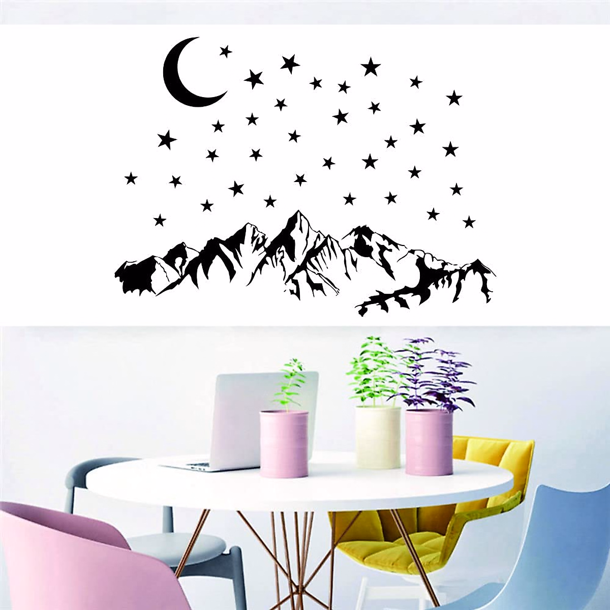 ANFRJJI Mystery Mountain Decal Hill Silhouette Art Vinyl Wall Sticker with Cute Moon and Stars Wall Art Murals for Living Room and Bedroom Effect Size : 45"x32"inch (Black-jwh316-Mountain)