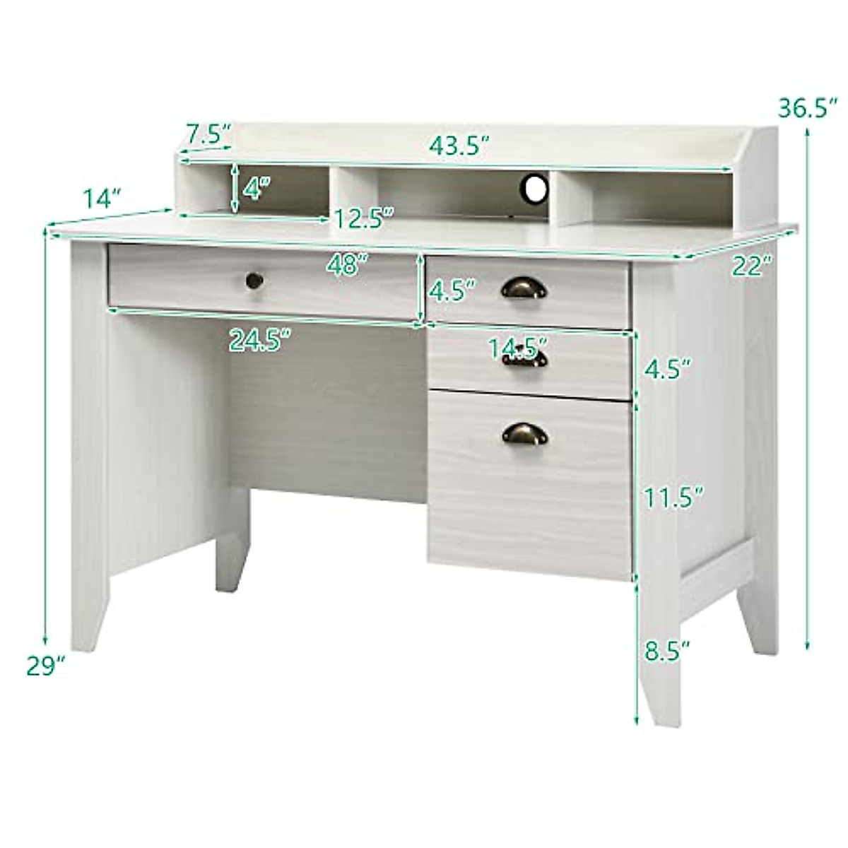 GLOBALWAY 2 Tier Shelves, Study and Writing Three Side, Laptop Table with a Smooth Slide-Out Long Drawer, for Home &Office Computer Desk, White