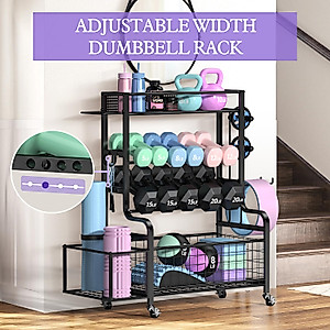Dumbbell Rack, Weight Rack for Dumbbells, Home Gym Storage Rack for Yoga Mat Kettlebells Balls and Strength Training Equipment, Weight Storage Holder Rack for Dumbbells with Wheels and Hooks