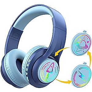 iClever TransNova Kids Bluetooth Headphones, LED Lights Up, Replaceable Plate, 74/85/94dB Volume Limited, 45H Playtime, Stereo Sound, Kids Headphones Wireless with Case for Travel iPad Tablet, Blue
