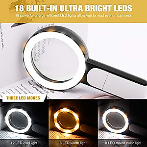 JMH Magnifying Glass with Light, 30X Handheld Large Magnifying Glass 18LED Cold and Warm Light with 3 Modes, Illuminated Lighted Magnifier for Seniors Reading, Inspection, Coins, Jewelry, Exploring