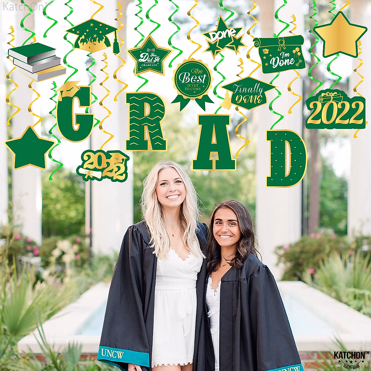 46 Pieces, XtraLarge Graduation Hanging Decorations - No DIY, Green Graduation Swirls | Glitter Congrats Grad Banner - 10 Feet | Green and Gold Graduation Decorations 2022 | Congratulations Banner