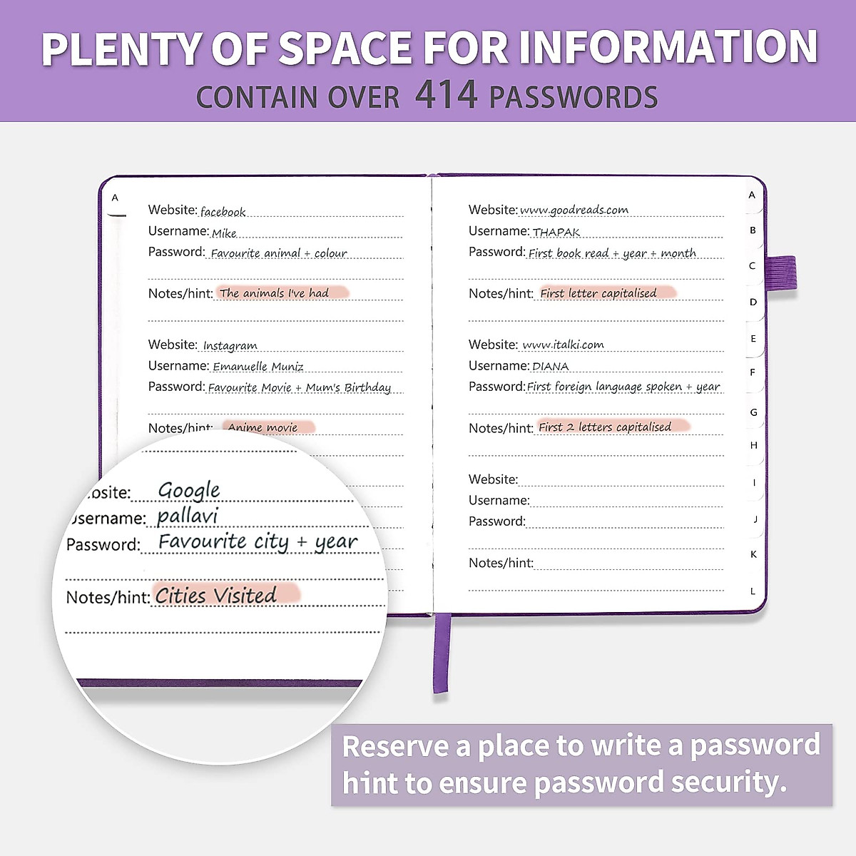Password Book with Alphabetical Tabs, Hardcover Password Keeper, Password Notebook Organizer for Computer and Internet Address Website Login, Gifts for Home and Office, 4.4''x 5.8''- Purple